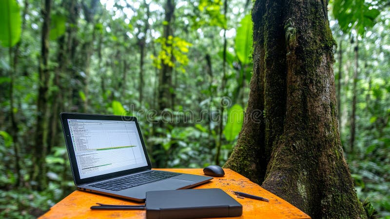 Remote Work in Nature Laptop Mouse Notepad Forest Tree Symbolizing ...
