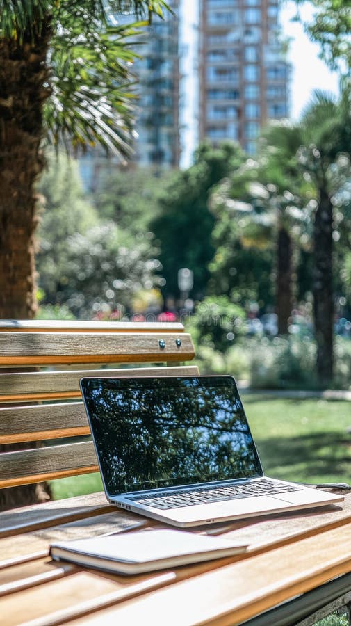 Remote Work Nature Laptop Notebook Park Bench Urban Green Space Stock ...