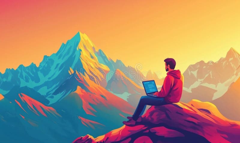 Remote Work in Nature with a Stunning Mountain Backdrop during Sunset ...