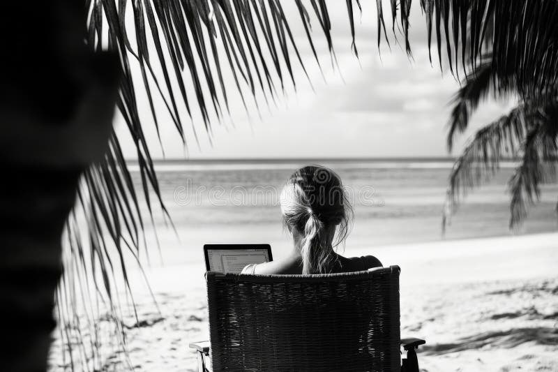 Remote Work Paradise: Woman Using Laptop on Tropical Beach Vacation ...