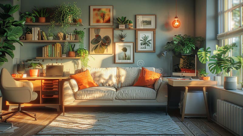 Remote Work Setup in a Cozy Home Office, Diverse Decor, Bright Natural ...