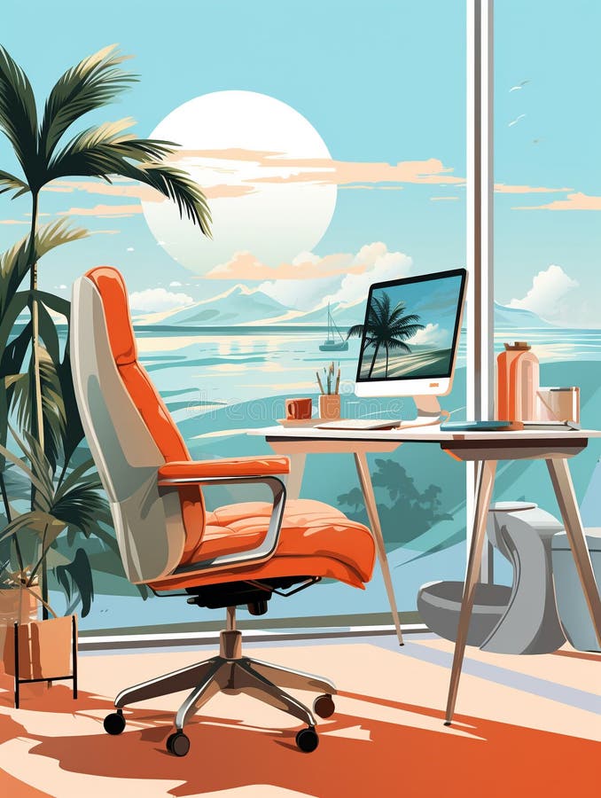 Remote Work Setup with Ergonomic Chair, Flat Design, Side View ...