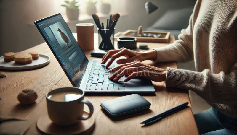 Remote Work Setup with Hands Typing on a Laptop Surrounded by Tea ...