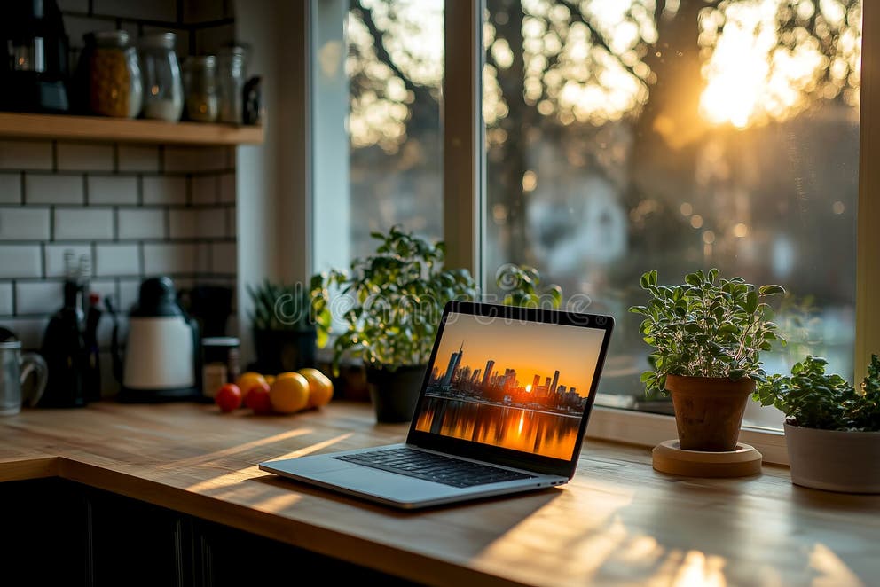 Remote Work Setup on a Kitchen Counter, Featuring a Laptop and Natural ...