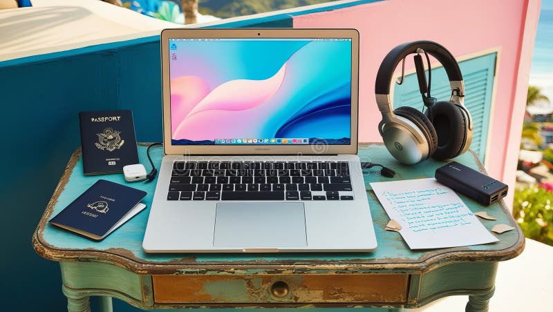 Remote Work Setup with Laptop, Headphones, and Travel Essentials in a ...