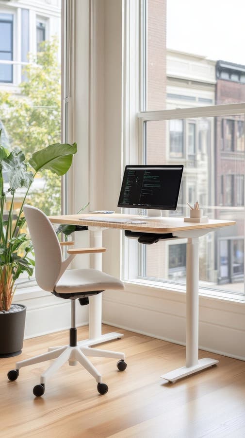 Remote Work Setup in Modern Office Workspace with Large Windows and a ...