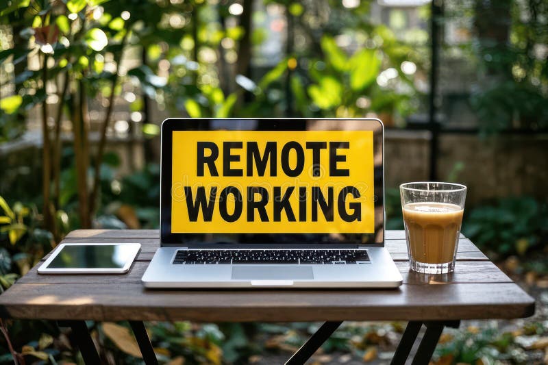 Remote Work Setup Outdoors with Laptop and Coffee on Table. Remote ...