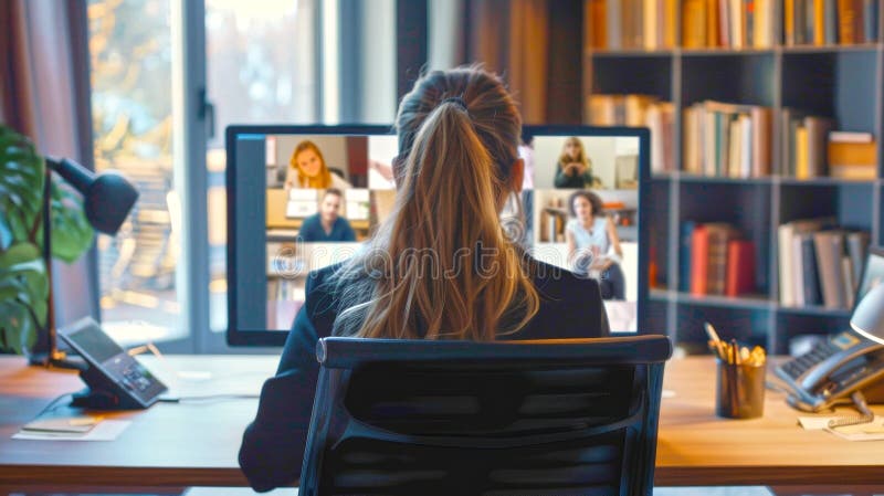 Remote Work Setup with a Professional at a Desk, Engaged in a Virtual ...