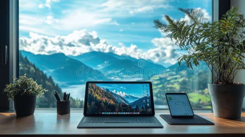 Remote Work Setup by Window with Tablet, Bluetooth Keyboard, and Scenic ...