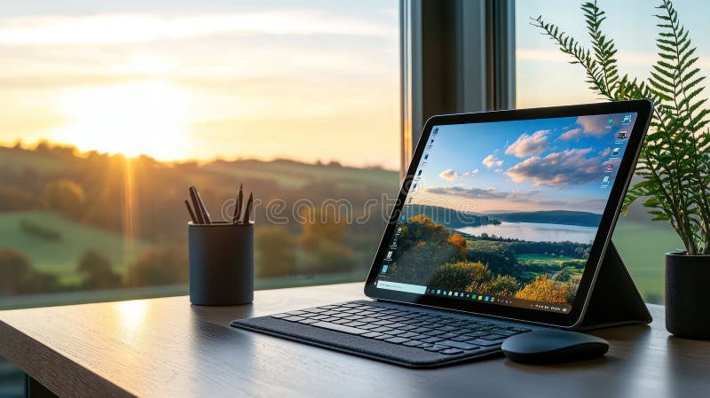 Remote Work Setup by Window with Tablet, Bluetooth Keyboard, and Scenic ...