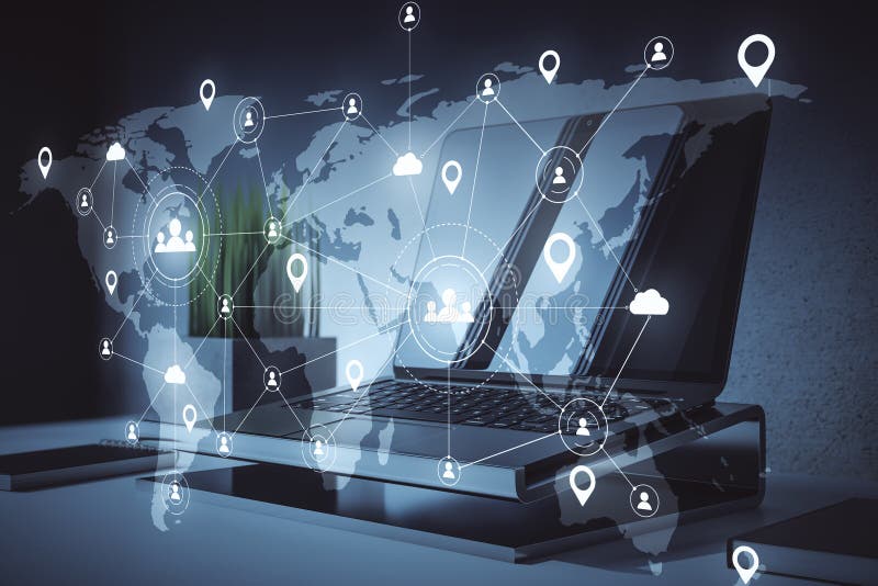 Remote Work and Social Media Network Hologram on Laptop Screen Stock ...