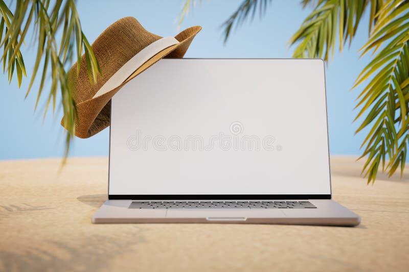 Remote Work on Summer Vacation. a Laptop that Wears a Hat on a Sandy ...