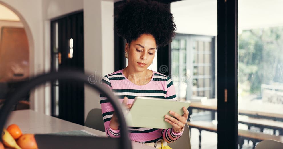 Remote Work, Tablet and Scroll with Woman in Home for Virtual Assistant ...