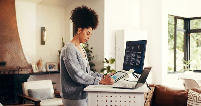 Remote Work, Tech and Graphs with Woman in Home Office for Virtual Assistant, Client Report or ...