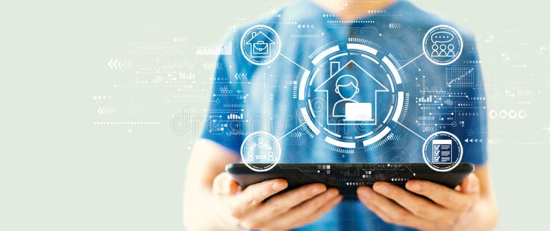 Remote Work Theme with Man Using a Tablet Stock Image - Image of ...