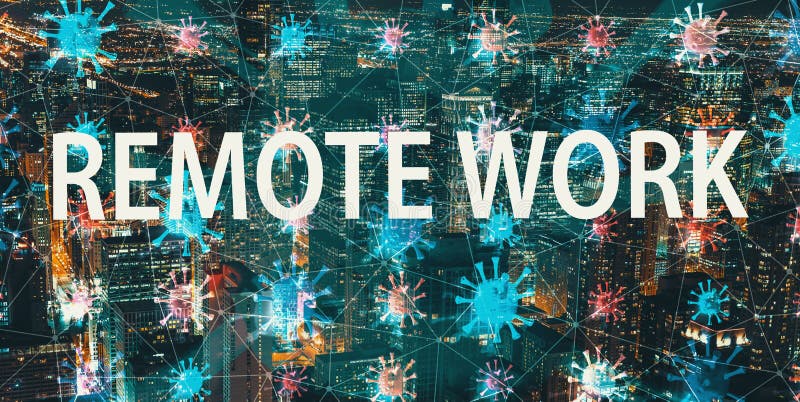 Remote Work Theme with Night Cityscape Stock Image - Image of ...