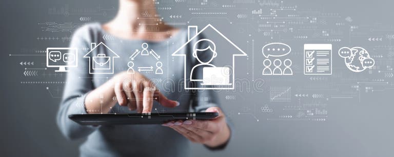Remote Work Theme with Woman Using a Tablet Stock Photo - Image of grey ...
