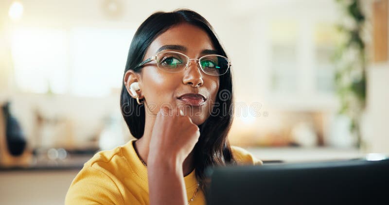 Remote Work, Thinking and Woman in Home with Computer, Ideas and Online ...