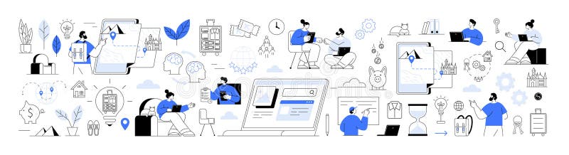 Modern Office and Remote Work Scenes with Tech Elements in Simple ...