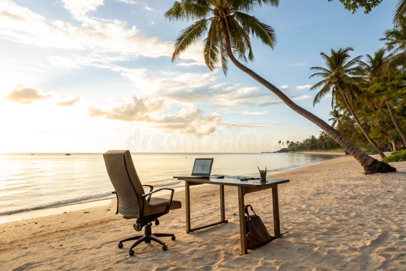 Remote Work in a Tropical Sea Beach. Dream Work Office Background Stock ...