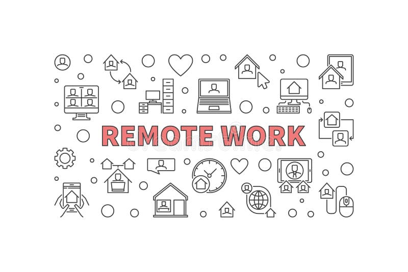 Remote Work Vector Outline Horizontal Banner or Illustration Stock ...