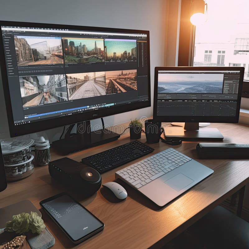 Remote Work Video Editor Place Stock Illustration - Illustration of ...