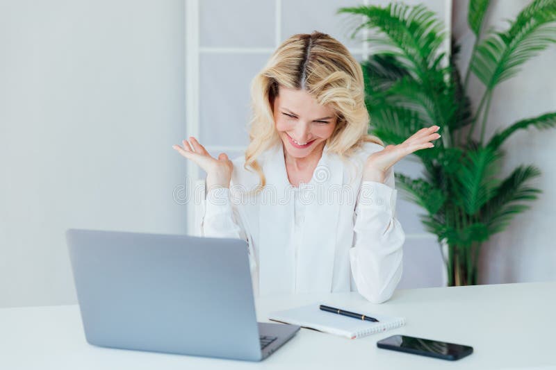 Remote Work Woman with Emotions with Laptop Computer Internet ...