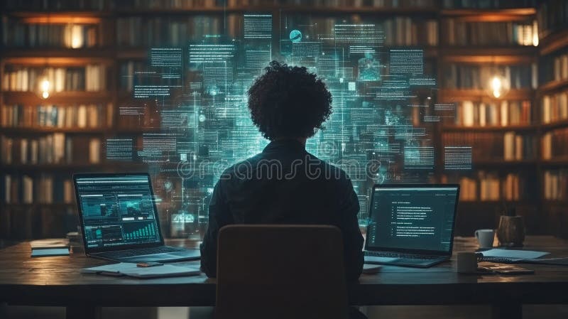 Remote Worker Accessing Company Files Securely in a Cozy Library ...