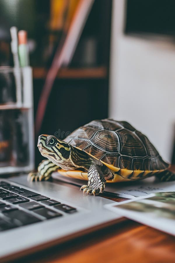 Remote Worker Balancing Work Emails and Feeding Their Pet Turtle. Stock ...