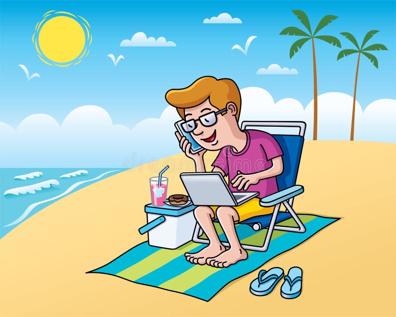 Remote Worker at the Beach with Laptop Computer Stock Photo - Image of ...