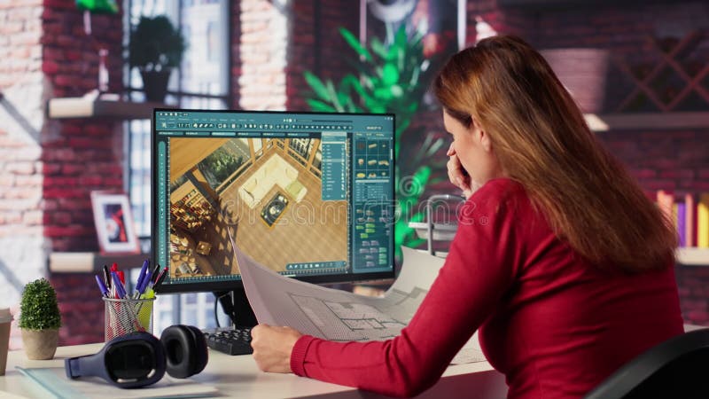 Remote Worker in Creative Office Uses CAD Software and Blueprints Plan ...