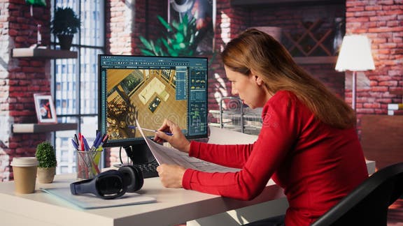 Remote Worker in Creative Office Uses CAD Software and Blueprints Plan ...