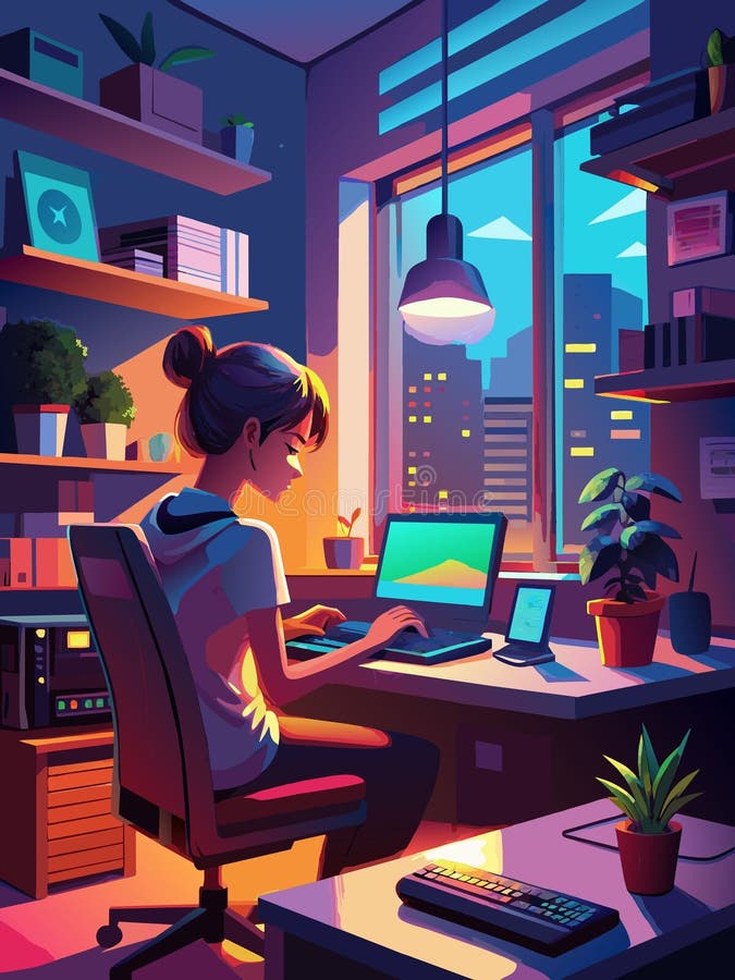 Remote Worker Engaged in Evening Home Office Tasks Stock Photo ...