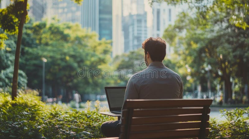Remote Worker Enjoying Nature on a Park Bench Stock Photo - Image of ...