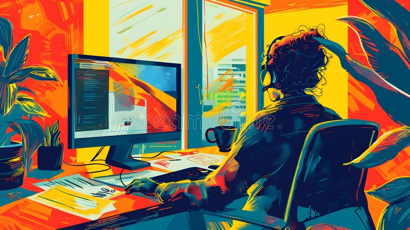 Remote Worker Focuses on Vibrant Digital Design Project at Home Office ...