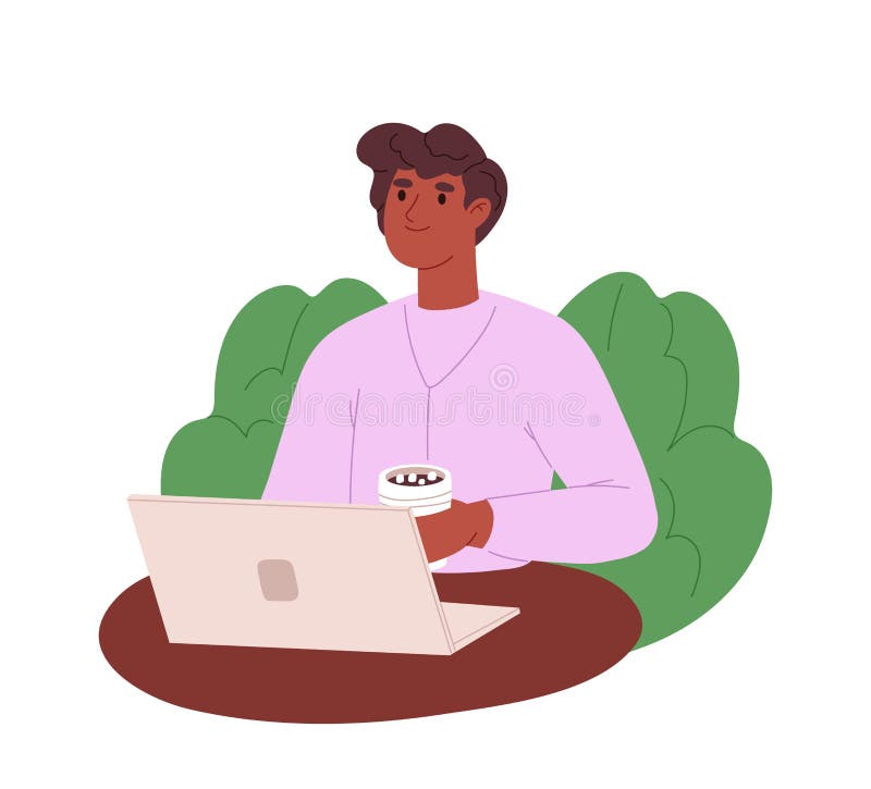 Remote Worker Man Sit at Laptop Computer Drinking Coffee Prepare ...