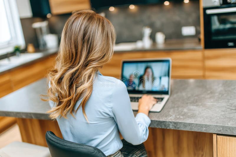 Remote Worker in Modern Kitchen Engaged in Video Call from Home Office ...