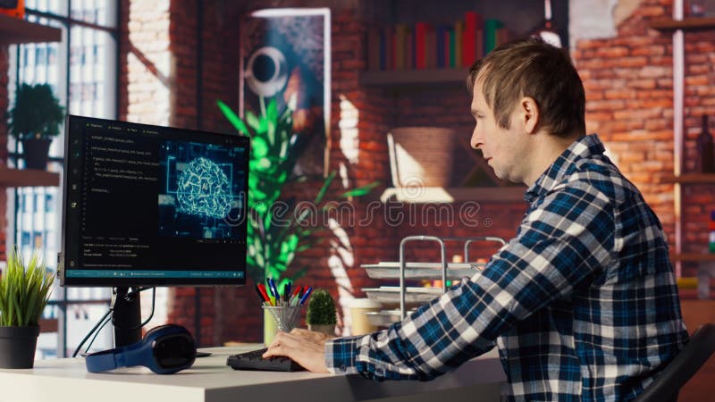 Remote Worker Working with AI Deep Neural Networks on Desktop PC Stock ...