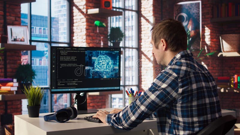 Remote Worker Working with AI Deep Neural Networks on Desktop PC Stock Image - Image of software ...