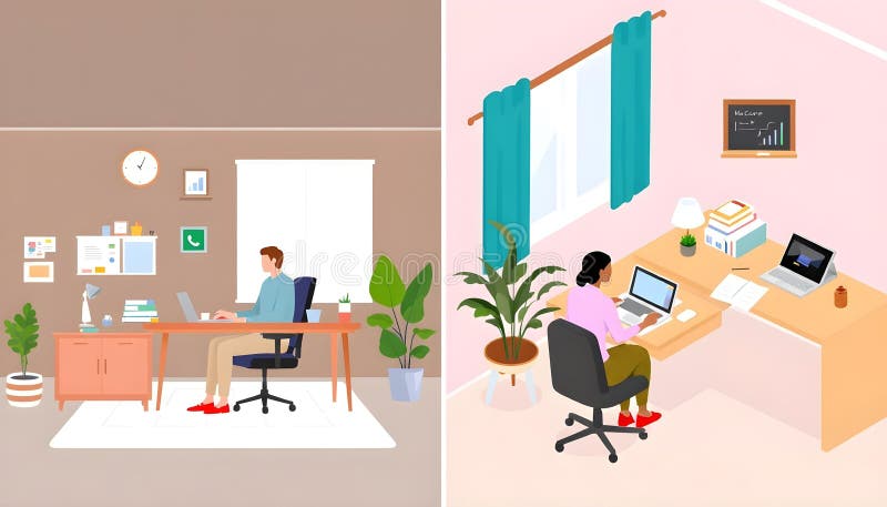 Remote Workers at Home Offices Using Laptops Stock Illustration ...