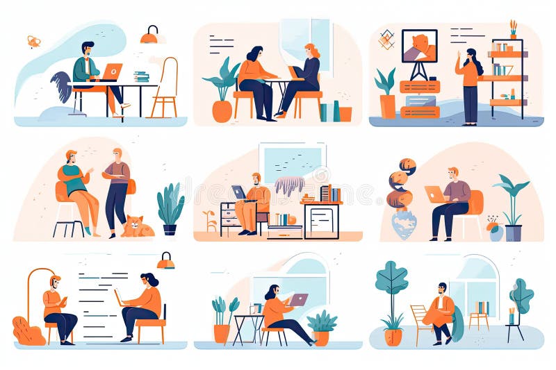 Remote Working Concept Set. Telework and Global Outsourcing, Employee ...