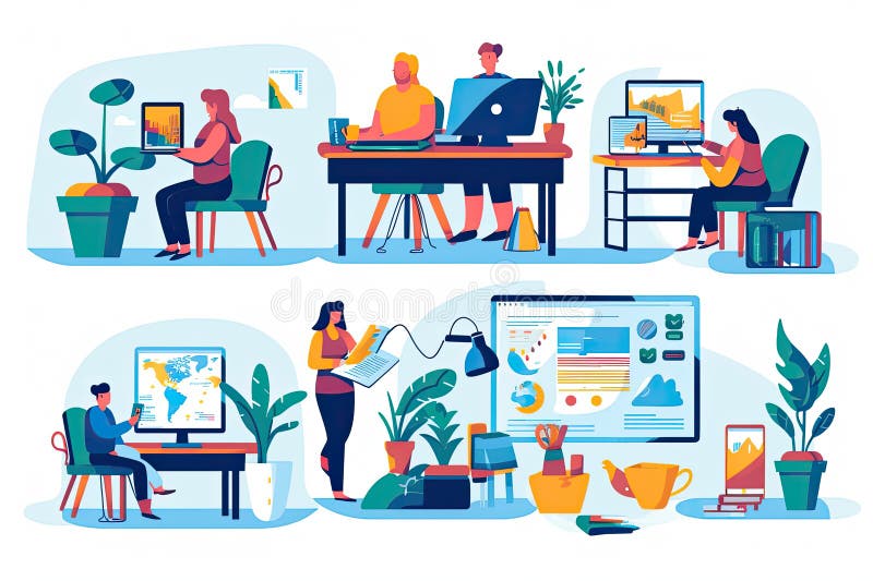 Remote Working Concept Set. Telework and Global Outsourcing, Employee ...