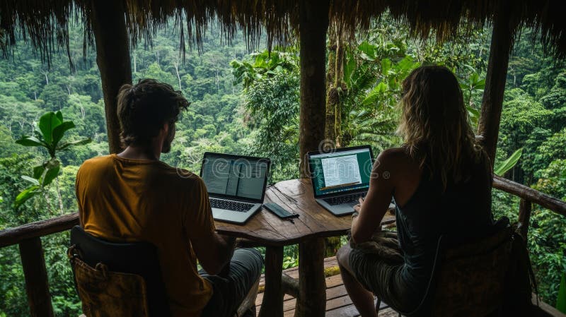Remote Working Couple in Tropical Setting Stock Image - Image of ...