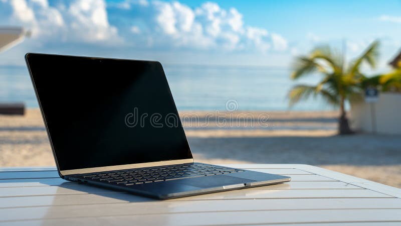 Remote Working with Laptop on a Beach Stock Image - Image of blue ...
