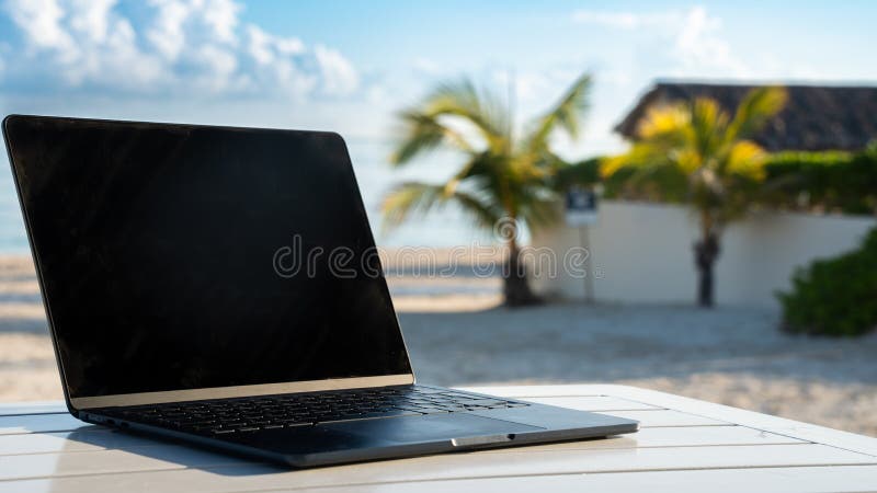 Remote Working with Laptop on a Beach Stock Image - Image of scene ...