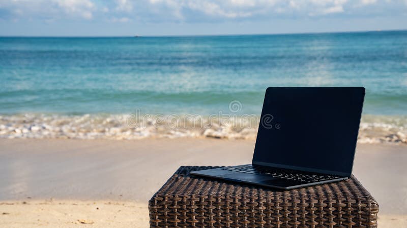Remote Working with Laptop on a Beach Stock Photo - Image of horizon ...