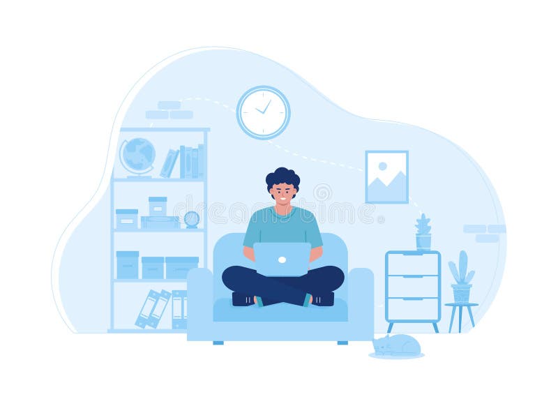 Remote Working, a Man Work from Home Sitting on Sofa Concept Flat ...