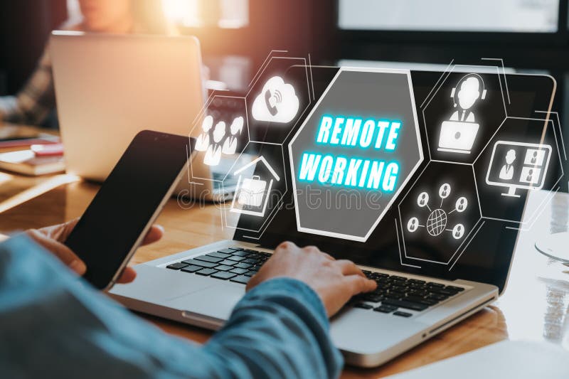 Business Woman Working on Laptop Computer with Remote Working Icon on ...