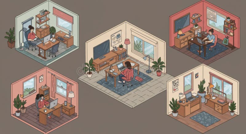 Remote Workspaces: Isometric Illustration Stock Illustration ...