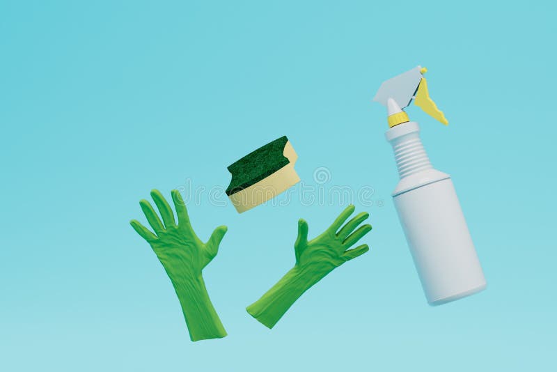 Removing Dust from Surfaces. Spray, Sponge and Rubber Gloves on a Blue ...